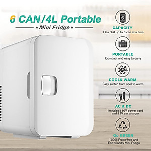 Mini Fridge,small refrigerator,4 Liter/6 Can AC/DC Portable Thermoelectric Cooler Refrigerators for Skincare, Beverage, Home, Office and Car (White)