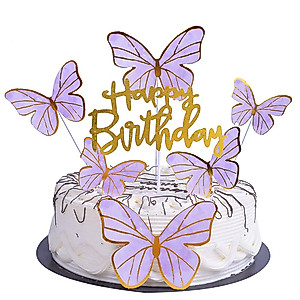 YUINYO Butterfly happy birthday Cake Topper, Happy Birthday Cake Bunting Decor,Birthday Party Decoration Supplies (Purple)