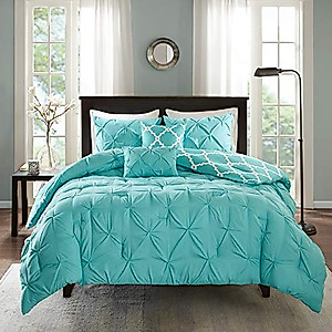 Madison Park Essentials Kasey Cozy Comforter Set - Fretwork Design, All Season Bedding with Matching Shams, Decorative Pillow, Queen (90in x 90 in), Diamond Aqua Comforter 5 Piece