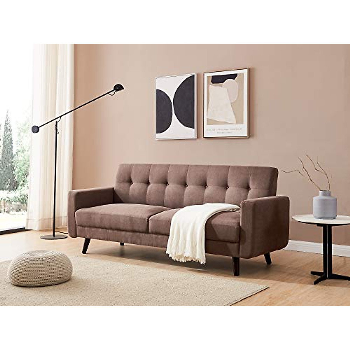 Meiyum Mid-Century Modern Loveseat/Sofa/Couch, with Upholstered Fabric in Brown for Living Room, Bedroom, Office, Apartment - Brown