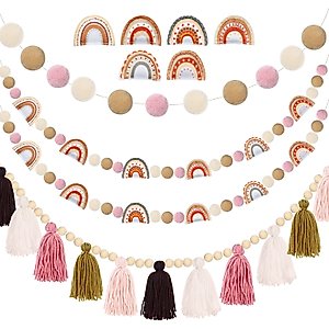 4 Pieces Boho Tassel Garland Rainbow Pom Pom Garland Wall Hanging Decor Pastel Tassel Boho Classroom Decor Felt Colorful Balls Garlands for Classroom Girls Bedroom Nursery Room Birthday Decor
