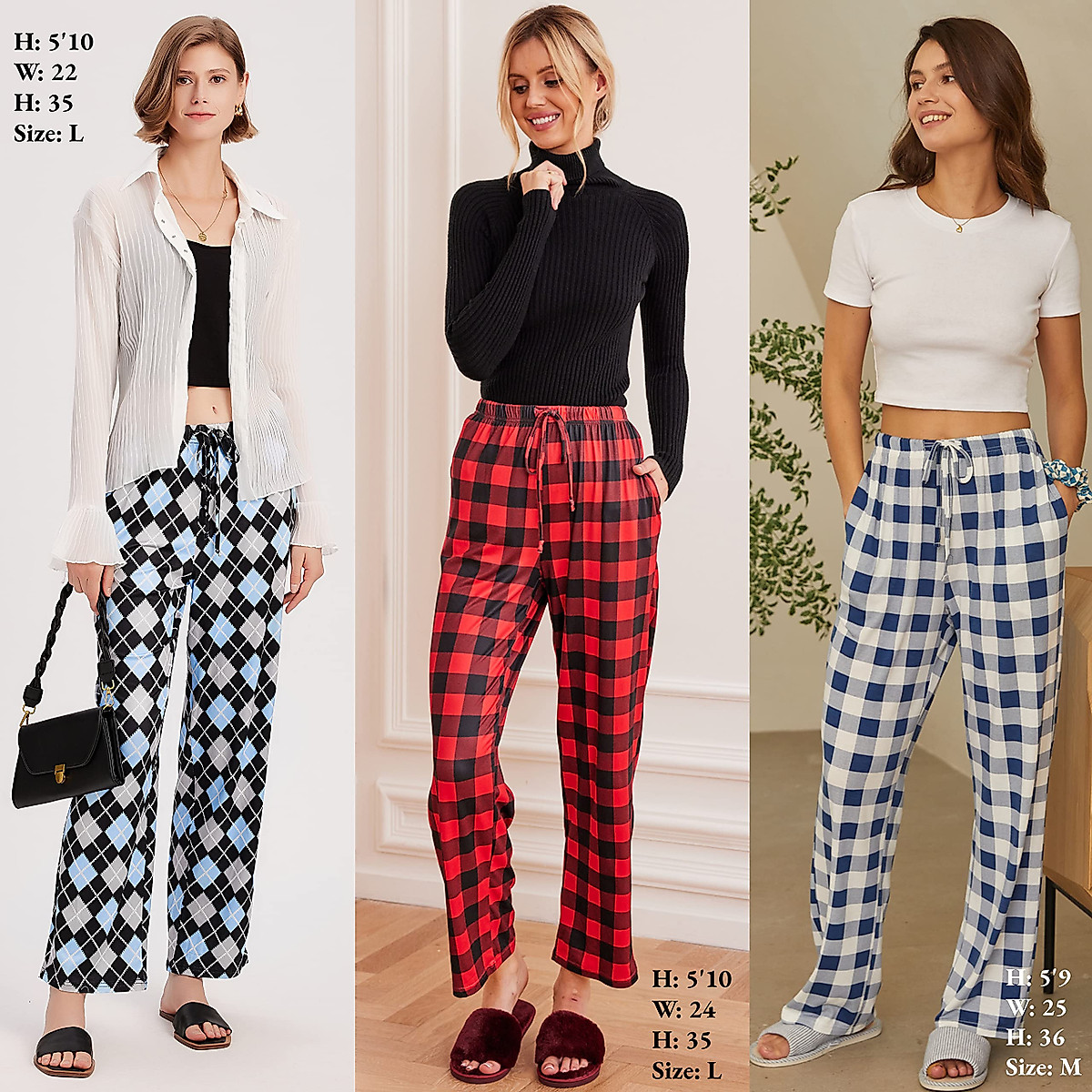 Ekouaer Womens 2 Pack Lounge Pants Comfy Pajama Pants Plaid Pajama Bottoms with Pockets Drawstring Pj Bottoms