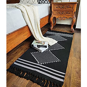 Boho Kitchen Rug Runner 2.3'x5.3' Bathroom Rugs with Tassels,Black Moroccan Farmhouse Cotton Bath Mat Woven Chic Cute Throw Sink Rug Washable for Hallway Bedroom Living Room Indoor Outdoor Decor