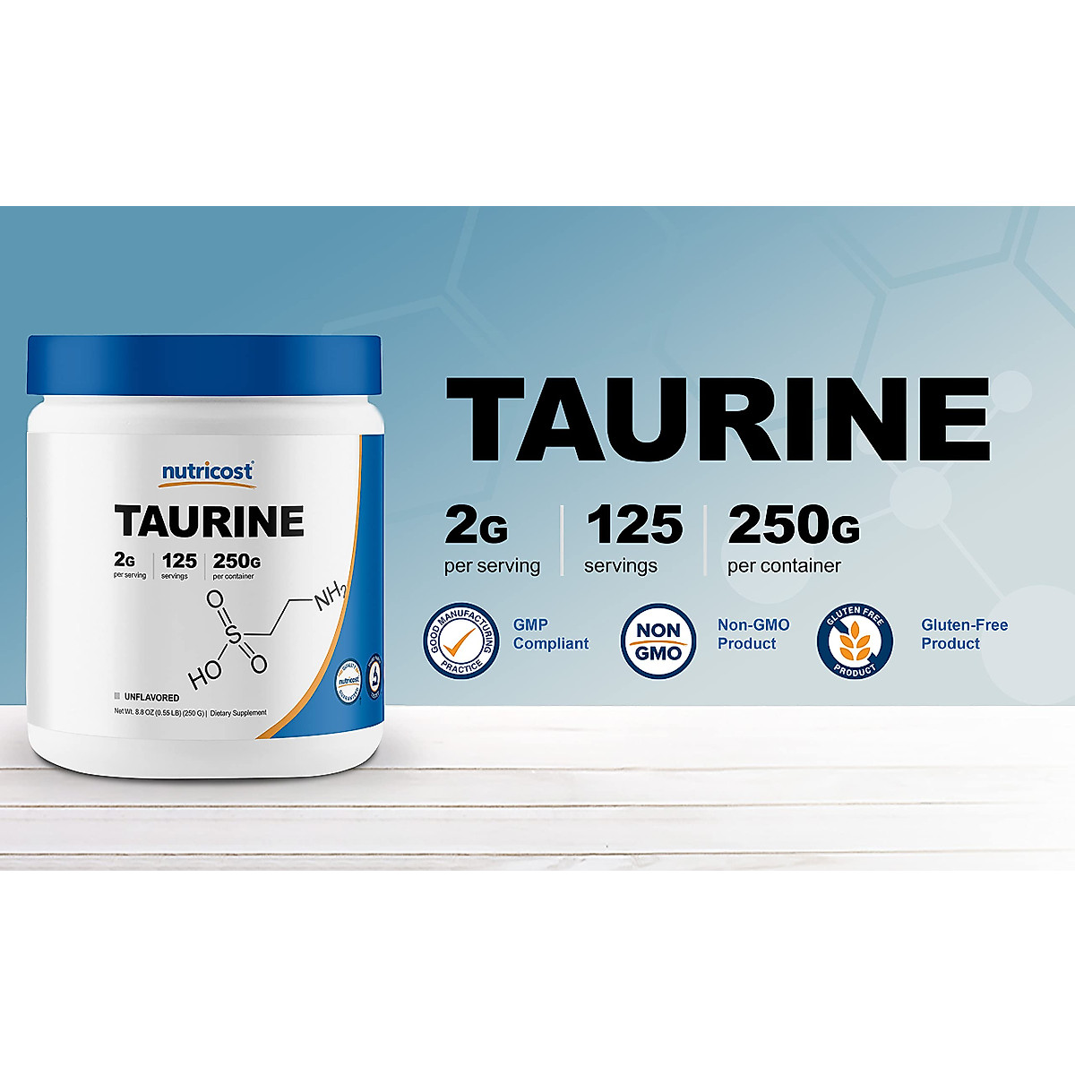 Nutricost Taurine Powder 250 Grams - 125 Servings, 2000mg Per Serving