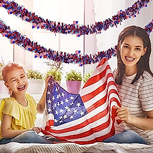 Whaline 4Pcs 26Ft 4th of July Tinsel Garland Patriotic Red Blue Tinsel Twist with American Flag Metallic Tinsel Hanging Ornament for Independence Day Memorial Day Home Party Decoration