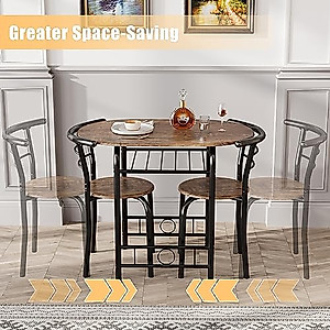 JUMMICO 3-Piece Wooden Round Table & Chair Set, Space Saving Kitchen Breakfast Nook Wood Grain Tabletop with Metal Frame and Built-in Wine Rack for Kitchen, Dining Room (Brown/Black)