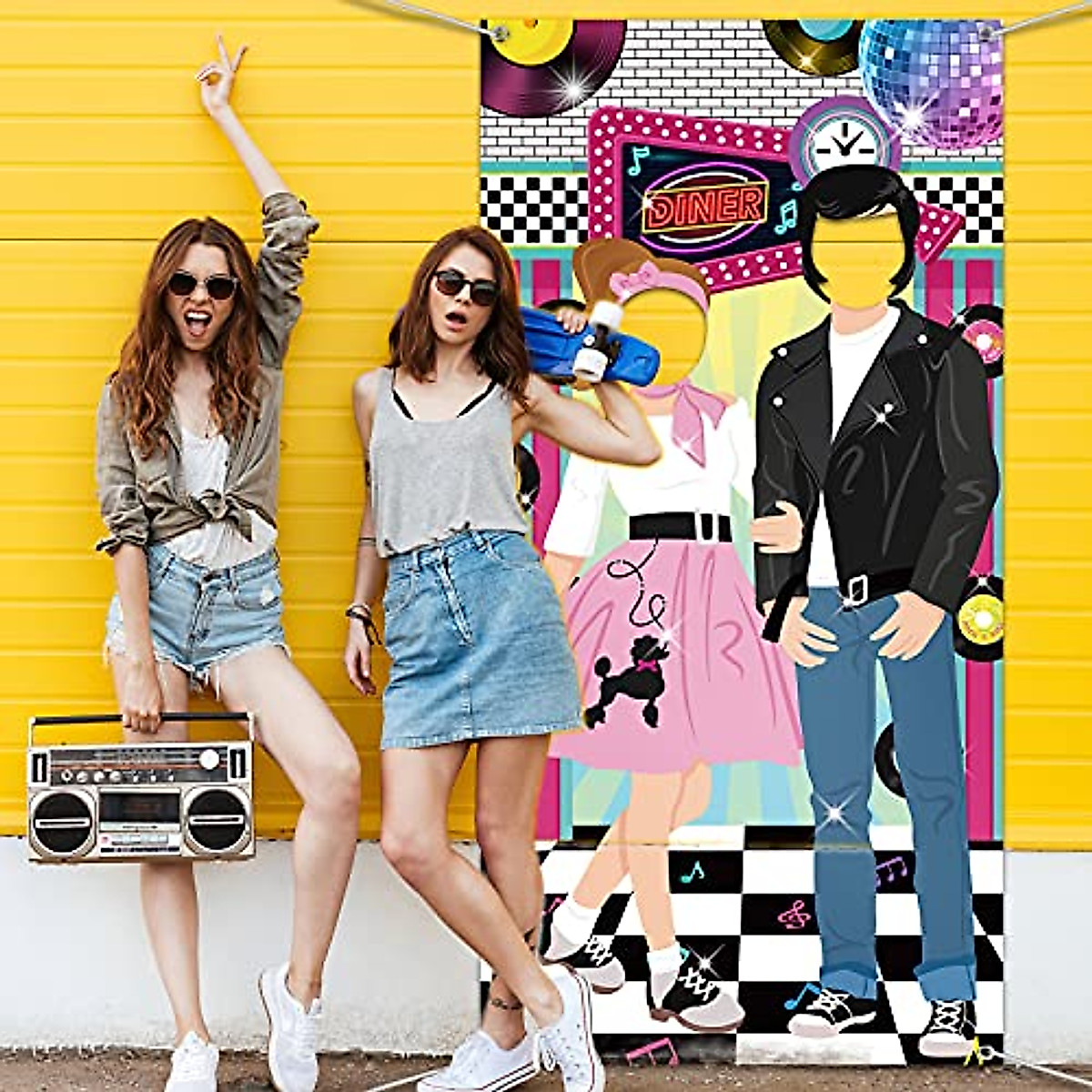 50s Party Decorations, 50's Photo Diner Backdrop, 50's Rock and Roll Banner Backdrop, Large 1950's Background Photobooth Prop, Back to 50's Rocking Party Backdrop for Baby Shower Birthday Party Supply