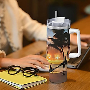 HULIBIN Coconut Beach Sunset Hammock Print Double Deck Stainless Steel Travel Coffee Cup With Lid 40 Oz Ice Bully Cup