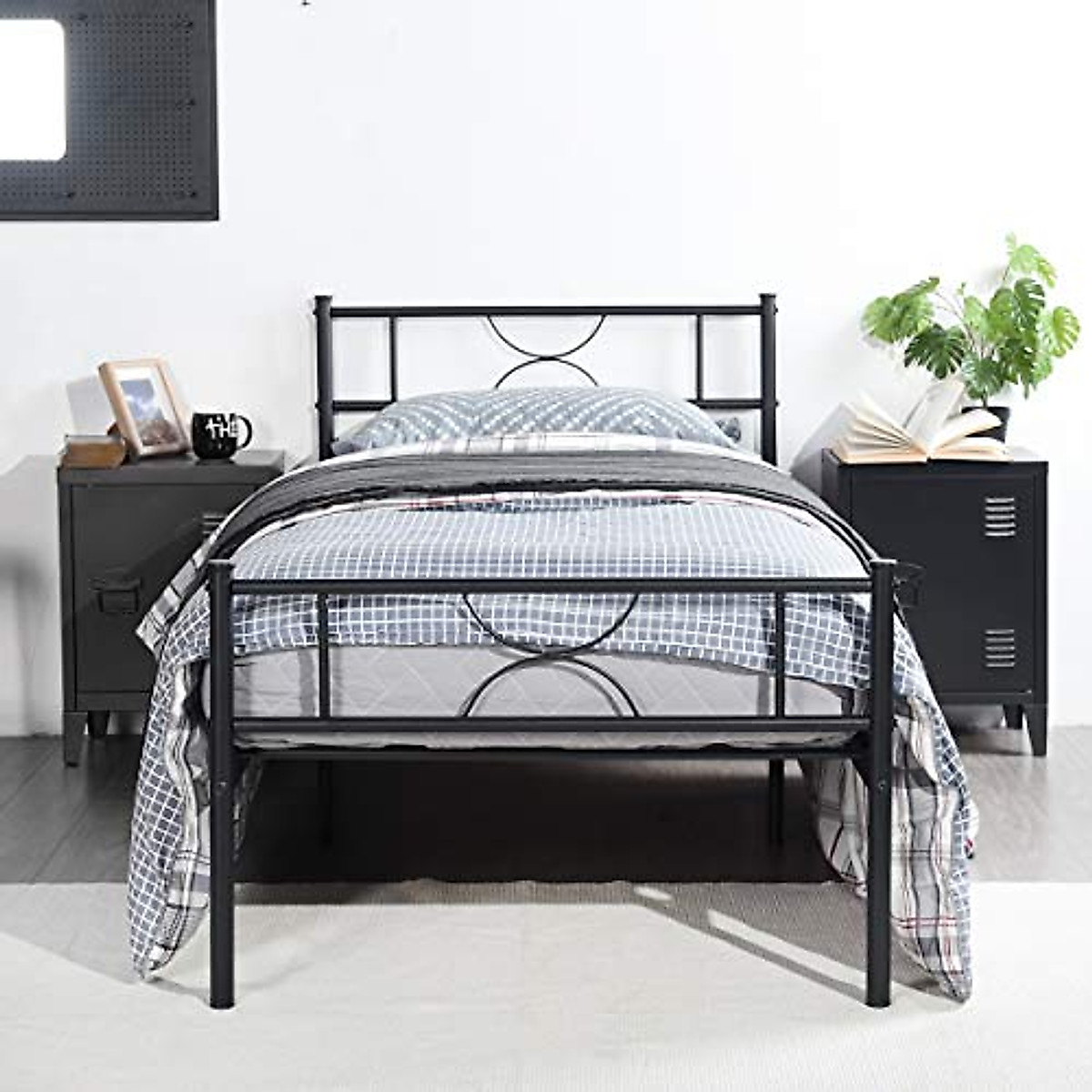FurnitureR Twin Size Metal Slat Bed Frame Mattress Foundation, Heavy Duty Platform with Headborad and Under Bed Storage, No Box Spring Needed, Support Non-Slip, Black