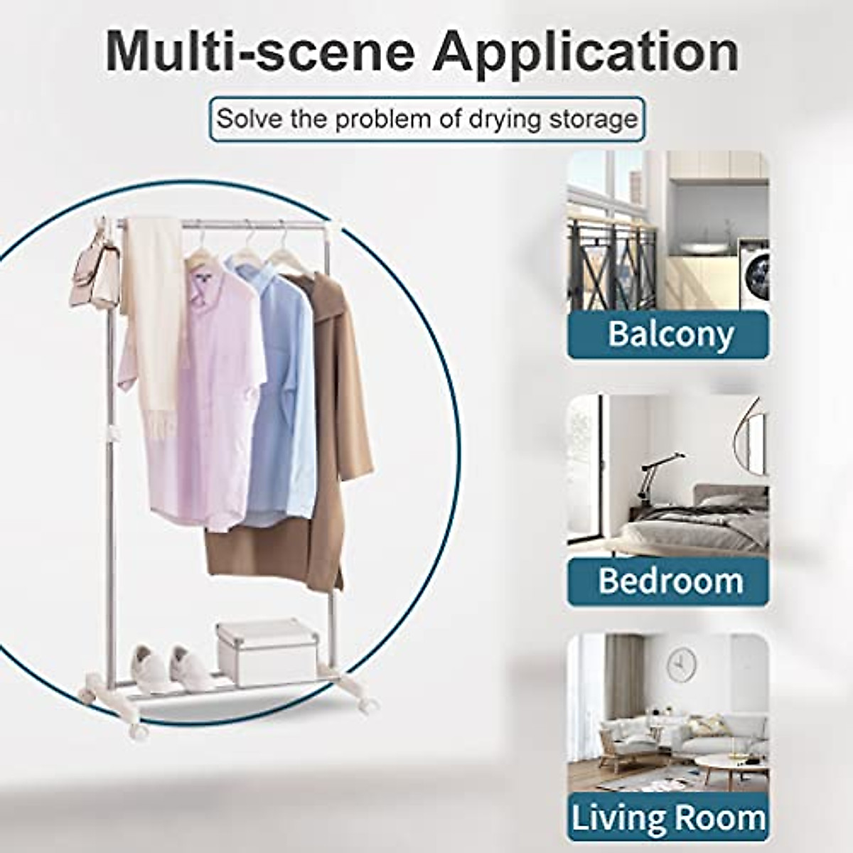 BAOYOUNI Single Rod Clothing Garment Rack on Wheels Metal Rolling Clothes Display Hanging Rail Coat Stand Storage Holder Organizer, Height Adjustable (Ivory)