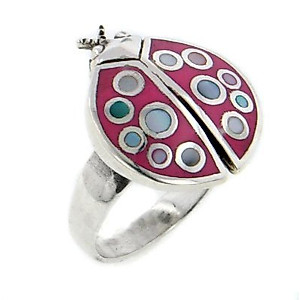 Pink Enameled Polka Dot Shell Ladybug Sterling Silver Ring Size 8(Sizes 6,7,8,9,10)