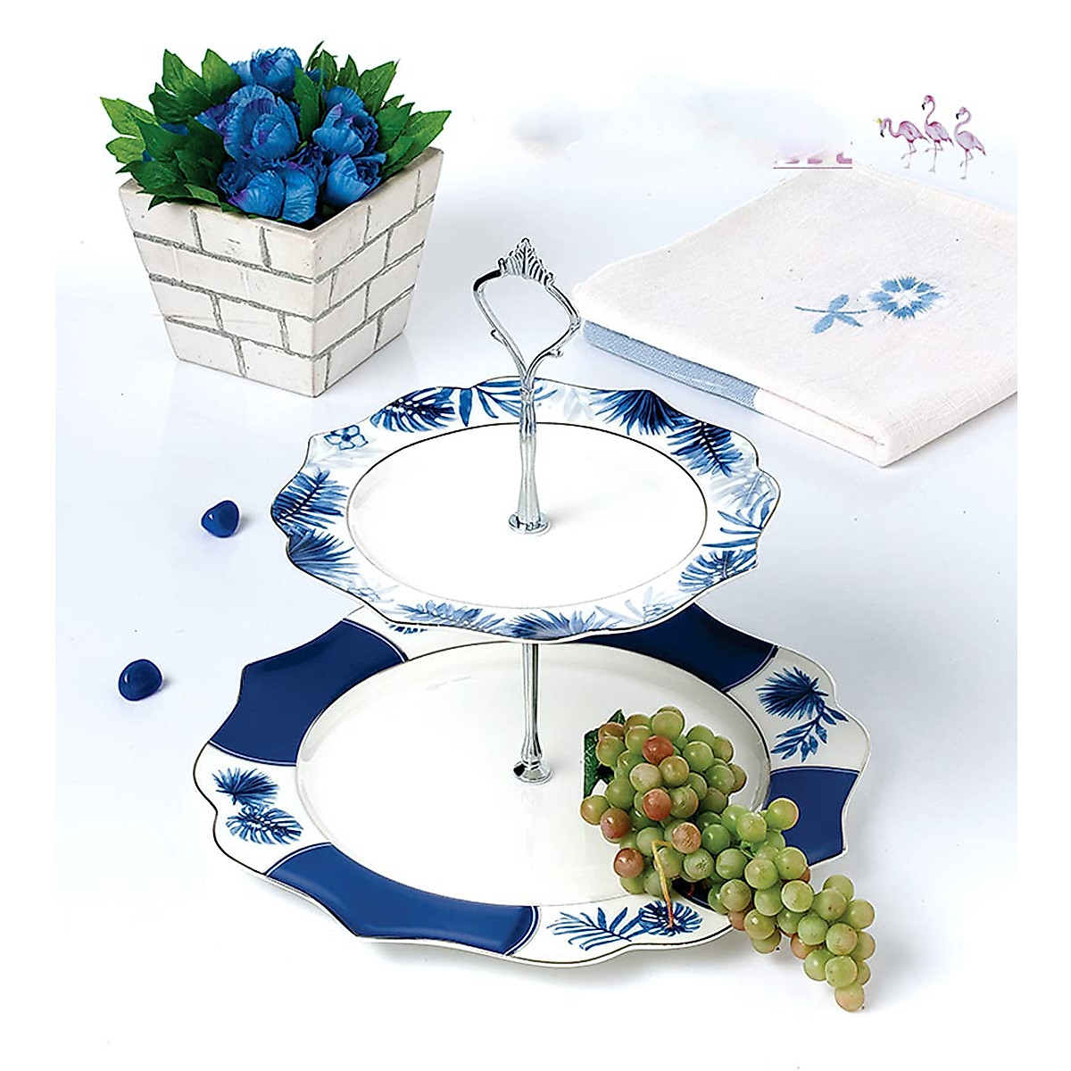 Linlins Fine Bone China 2-Tier Cake Stand/Blue Tropical Plant Cupcake Stand/Pastry Serving Cake Stand