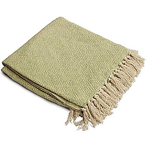 Cotton Throw Blanket Green Beige Chevron Patterned | Sofa Bed Couch Blankets with Fringe | Sage Chartreuse | Warm Lightweight | Decorative Living Room Home Decor | Farmhouse Picnic Beach Camping