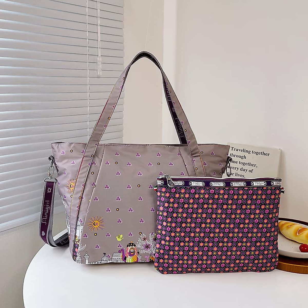 Oudduo Women Lady Nylon Casual Fashion Large Tote Shoulder Hobo Satchel Top Handle Lightweight Waterproof Travel Beach Handbag Bag Purse (Purple Tree)