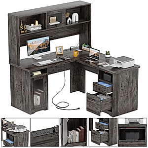 Unikito Office Desk with Drawers and Hutch, Large L Shaped Computer Desk with Power Outlet and LED Lights, 60 Inch Modern Corner Desk with File Cabinets, Sturdy 2 Person Home Office Table, Gray Oak