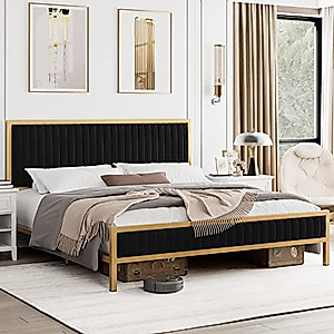 HIFIT King Size Bed Frame, King Bed Frame and Headboard, Heavy Duty Metal Foundation, Upholstered Bed Frame with Velvet Tufted Headboard, Wood Slats Support, No Box Spring Needed, Gold and Black