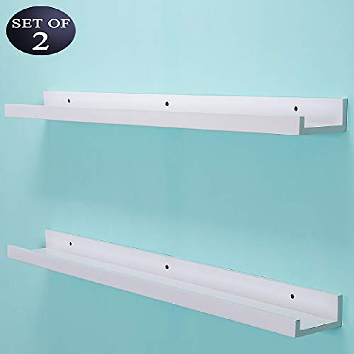 AZSKY 48 Inch Long Floating Bookshelves White Set of 2 Wall Picture Shelf Pine Floating Shelves Photo Frames Narrow Picture Ledge Mounting Hardware Included