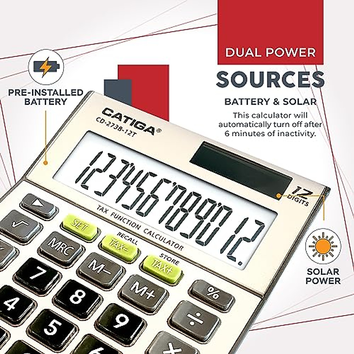 Desktop 12-Digit Business Calculator with Dual Power, Solar and Battery, for Basic, Finance and Tax Calculations, Desk Calculators for School or Office
