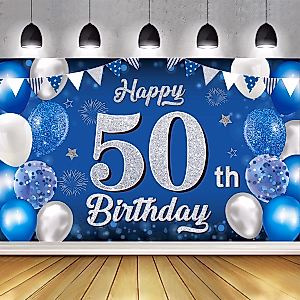 Happy 50th Birthday Banner Backdrop 50th Birthday Decorations for Men Blue and Silver, Happy 50th Birthday Yard Sign Banner Men for Indoor Outdoor 50 Years Old Birthday Party Decorations 6x4ft Fabric