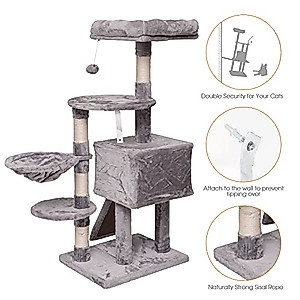MQ Cat Tree Tower 47.3 in, Multi Level Cat Scratching Post with Condo, Ladder, Hammock & Plush Perches for Kittens, Adult Cats, Light Gray