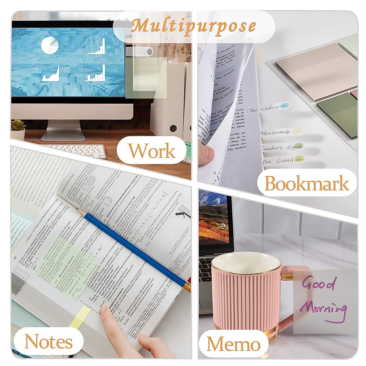 BAYTORY 700 Sheets Transparent Sticky Notes, Clear Waterproof 3 x 3 inch See Through Memo Pad, Self-Adhesive Translucent Writable Index Tabs for Annotating Books, Office & School Study Supplies