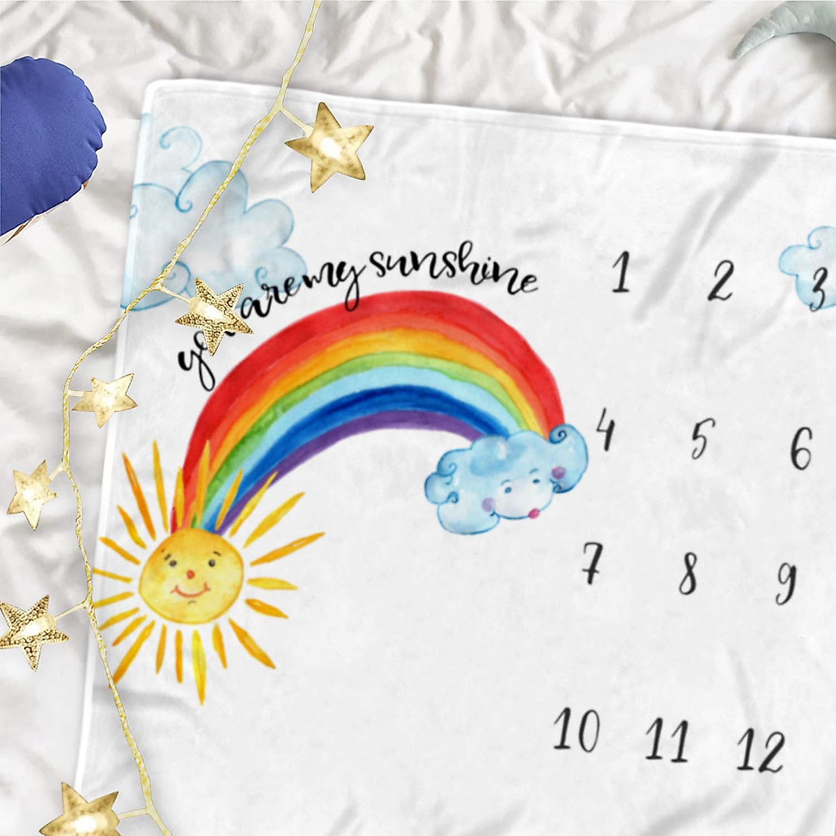 QICAIYUN Baby Monthly Milestone Blanket, Rainbow Theme Baby Month Blanket for Baby's, First Year Calendar Growth Chart, 48''x48'' YUN007