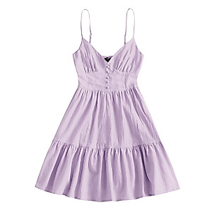 ZAFUL Women's Casual V Neck Summer Mini Dress Spaghetti Strap A-Line Short Dresses Backless Solid Color Sundress (A-f Purple,L)