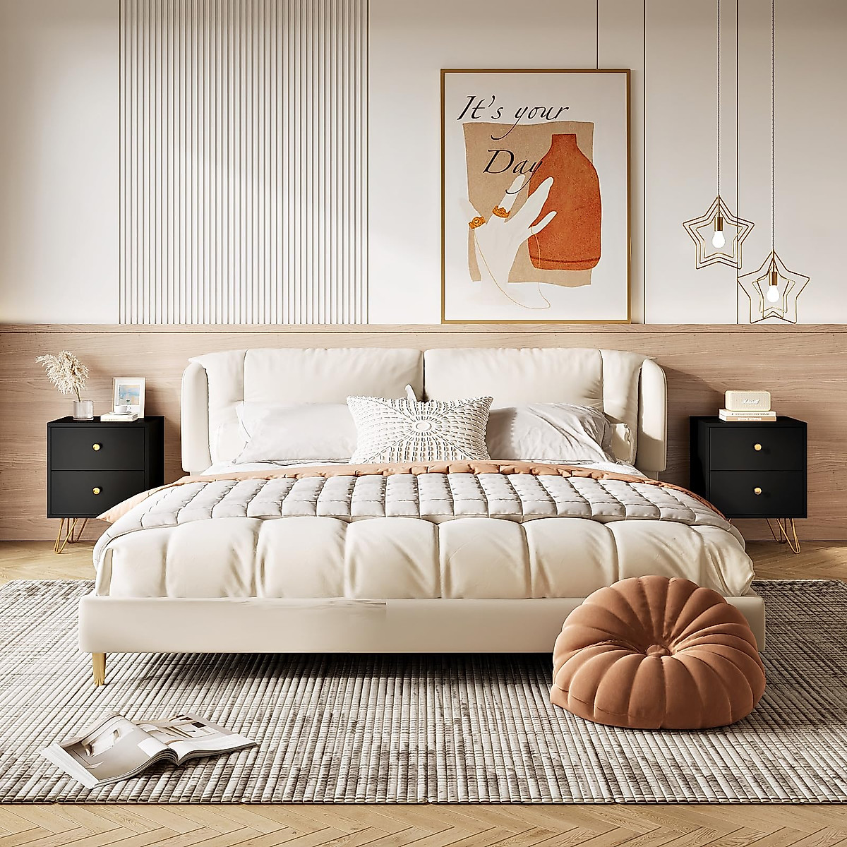 Tradare Black Nightstand Set of 2, Black and Gold Night Stand with 2 Drawers, Modern End Table with Metal Legs and Gold Handles, Bedside Table for Bedroom, Hallway