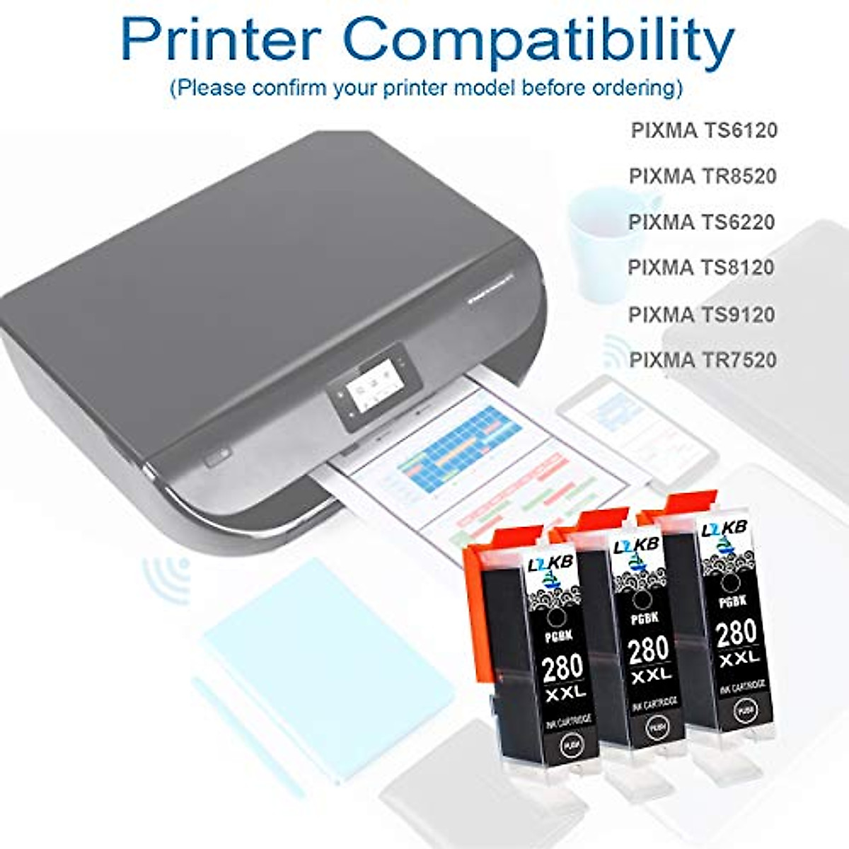 L2KB PGI-280 Compatible Replacement for Canon 280 Ink cartridges with PIXMA TR7520 TR8520 TS6120 TS6220 TS8120 TS8220 TS9120 TS9520 TS9521C Printer (3 Pack)