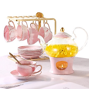 DUJUST 21 pcs Small Tea pot Set of 6, Fine Porcelain, Pink Marble Texture with Handcraft Golden Trim for Girls&Women, 1 Glass Teapot(22oz), 6 Cups(4oz), 6 Saucers, 6 Spoons, 1 Shelf&1 Warmer…