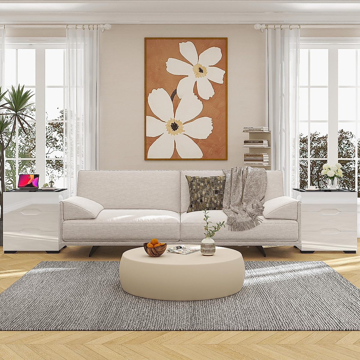 Jehiatek White Nightstand Set of 2, Night Stand Set 2 with Wireless Charging Station, High Gloss End Table with Adjustable LED Lights & USB Charging, Bedside Table Set of 2 with 3 Drawers (White)