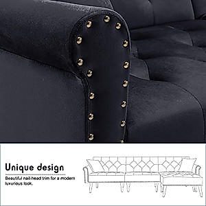 ivinta Convertible Velvet Sofa Couch, Sectional Sofa with Ottoman, Mid-Century Upholstered Comfy Sofa Bed, Queen Sleeper Sofa for 4-Seater, Modular Sofa for Living Room (Black)