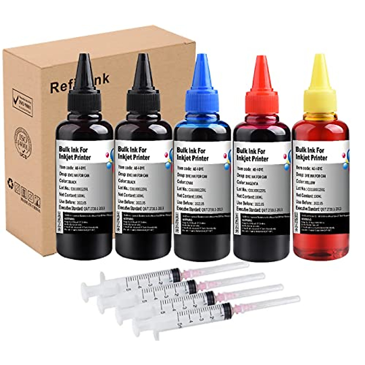 Ink Refill Kit 1005 ml for HP 950 951 932 933 60 61 952 902 901 62 63 21 22 920 940 934 564 711 970 971 94 95 96 Inkjet Printer Cartridges for Refillable Ink Cartridges with 4 Free Syringes