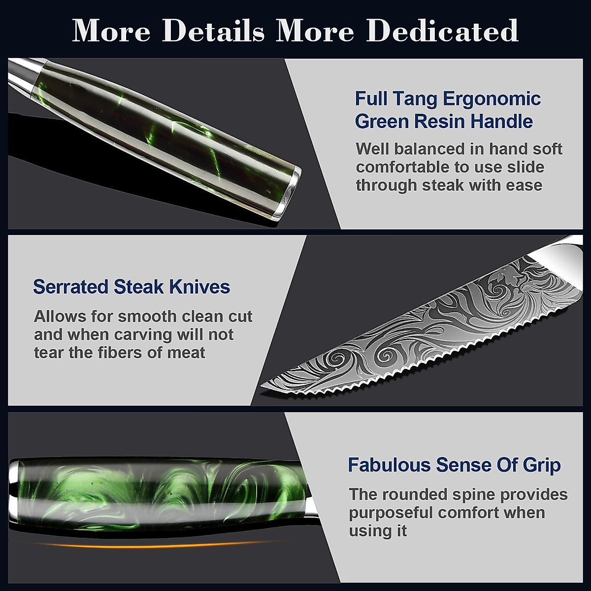 XT XITUO Serrated Steak Knife Set w/Beautiful Engraved Pattern - 6PC Premium 4.5 inch Steak Knives, German Steel Knife Table Dinner Knife w/Emerald Green Resin Handle for Home Restaurant