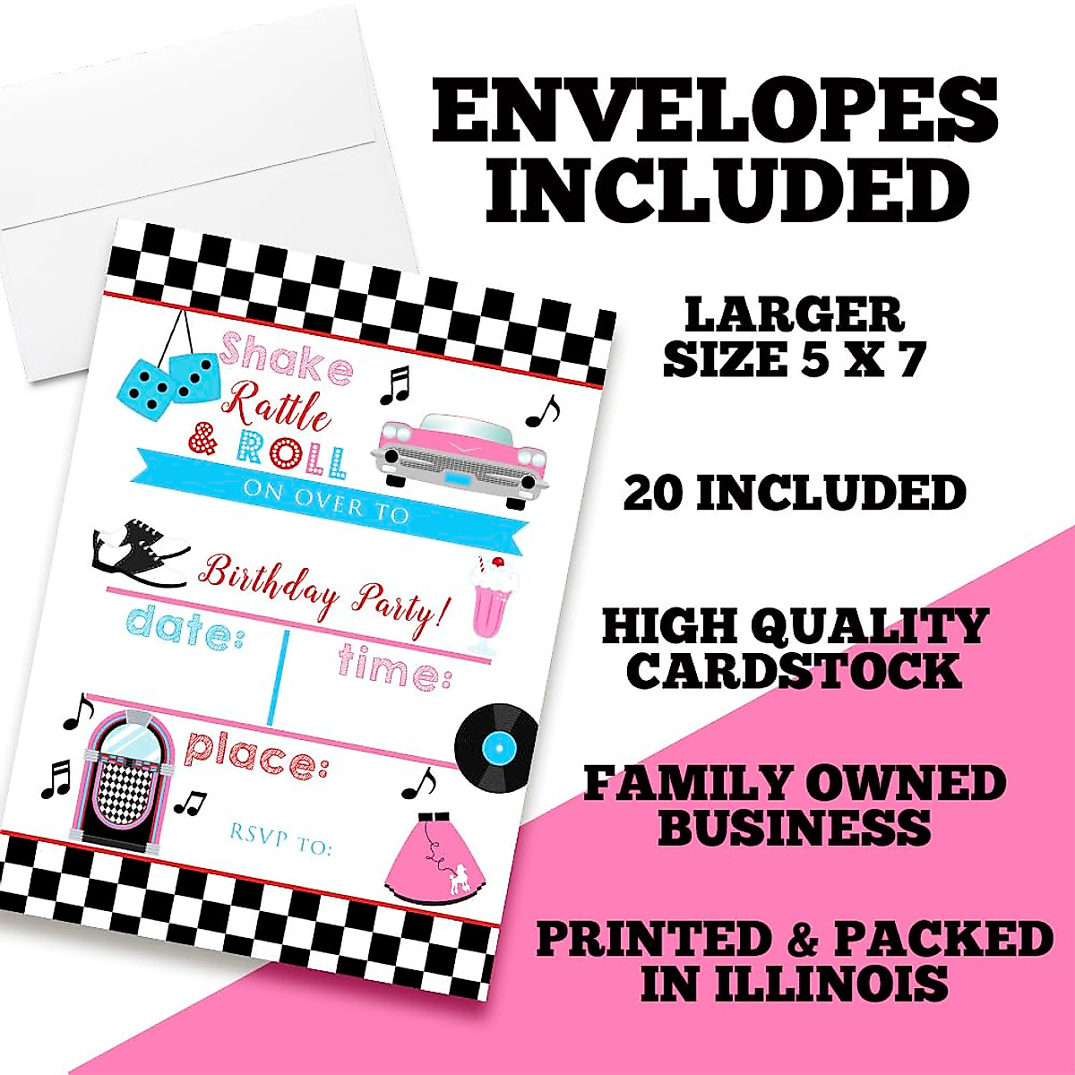 50's Sock Hop Birthday Party Invitations, 20 5x7 Fill In Cards with Twenty White Envelopes by AmandaCreation