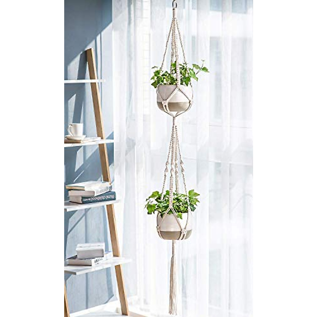 Mkono Set of 3 Wood Wall Hanging Shelves Boho Decor and Set of 4 Macrame Plant Hanger