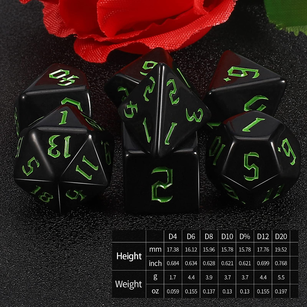QMAY DND Dice Set -D&D Polyhedral Dice (7 Pcs) for Dungeons and Dragons (Pure Black)