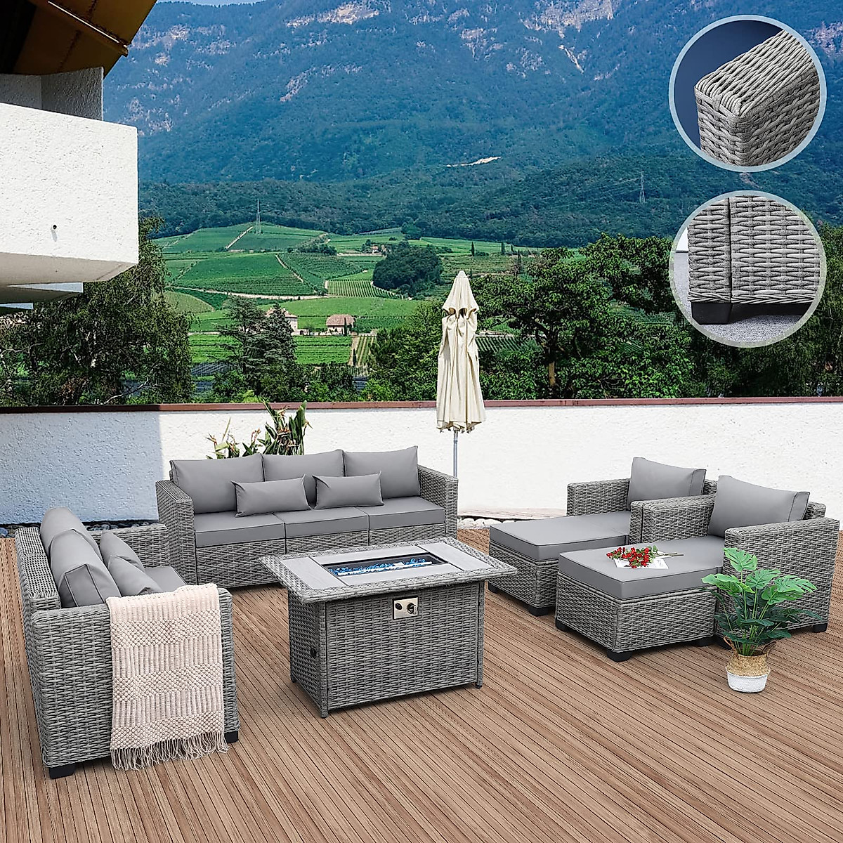 Rattaner 7-Piece Outdoor Furniture Sets Patio Furniture Set with 45-inch Fire Pit Patio Couch Outdoor Chairs 60000 BTU Propane Fire Pit Table with Non-slip Cushions Waterproof Covers, Light Grey