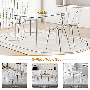 Ufurpie 5 Piece Dining Room Table Set, 51" Glass Kitchen Table & 4 Clear Chairs,Clear Dining Table Sets w/Chrome Legs, Pre Assembled Modern Glass Dining Table Set for 4(Silver)