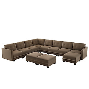 LLappuil Modular Sectional Sofa with Storage Oversized U Shaped Couch with Reversible Chaise Velvet Waterproof Anti-Scratch Sofas for Living Room 9 Seats with 2 Ottomans Grey Brown