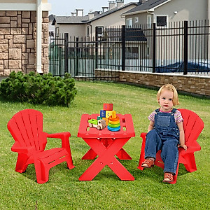 Costzon Kids Table and Chair Set, Outdoor Toddler Activity Table and Adirondack Chairs for Picnic, Garden, Patio, Backyard & Beach, Kids Outdoor Table and Chair Set (Red)