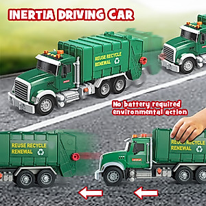 Dwi Dowellin Toddler Toys for 3 + Years Old Boys, 15" Large Garbage Truck Toy,Friction Powered Waste Management Garbage Truck with Lights and Sounds,3 Rear Loader Trash Cans,Kids Gift