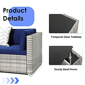 Yangming 7 Piece Outdoor Patio Furniture Sets, Outdoor Sectional Furniture with Tempered Glass Table and Cushion, Rattan Chairs Wicker Couch Conversation Set for Deck, Backyard, Porch, Lawn, Garden