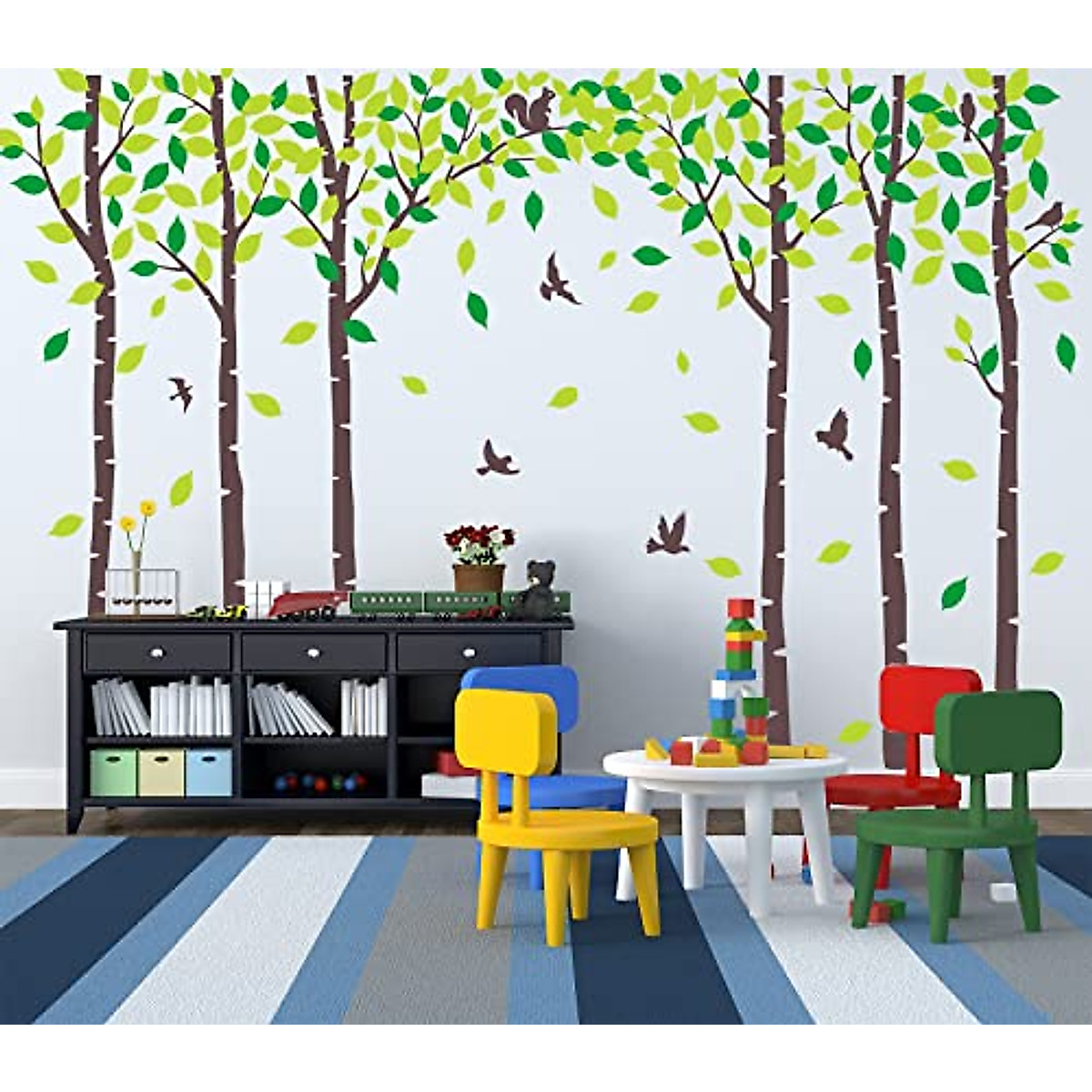 Six Birch Tree Wall Decals Birds Cute Squirrel Forest Wall Stickers for Kids Room Nursery Bedroom Living Room Classroom Decoration (Brown,Green)