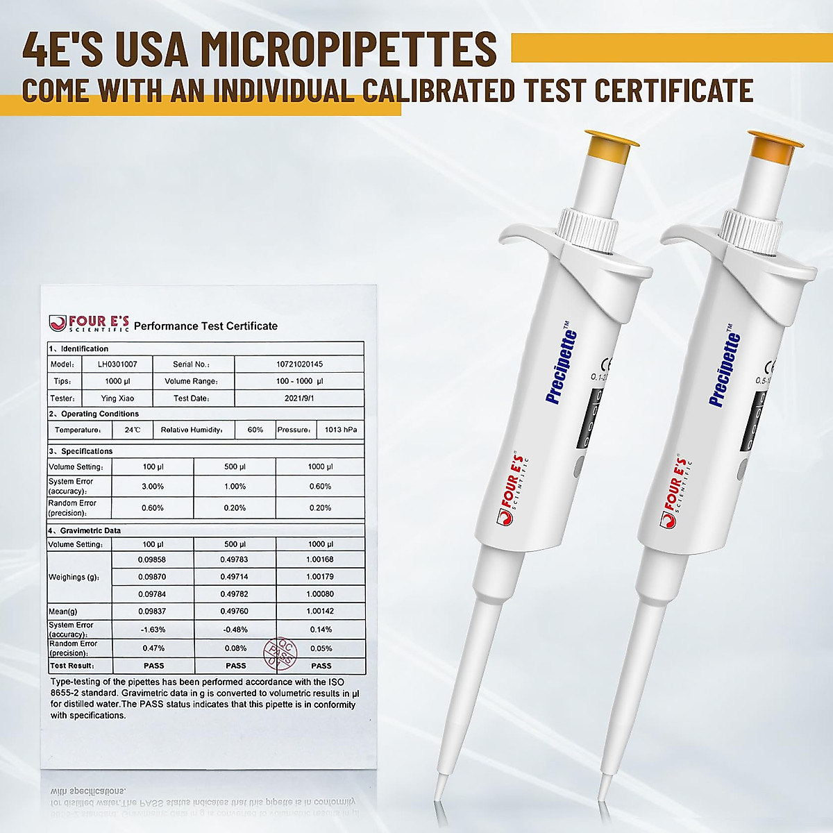 4E's USA Pipette - 0.1-2.0μl Micropipette, Adjustable Volume Pipette with Autoclavable Lower Portion, Universal Tip Cone Single Channel Pipettes, Laboratory ISO 8655 Calibrated Pipettor