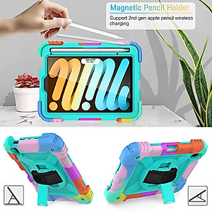 LTROP iPad Mini 6 Case 2021, iPad Mini 6th Generation Case for Kids, Heavy Duty Shockproof Cover with Pencil Holder/360 Rotating Stand/Hand Strap for iPad Mini 6th Generation 8.3 Inch 2021, Aqua Teal