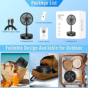 LIPETY Portable Foldable Rechargeable Oscillating Fan - 9" 7200mah Battery Operated USB C Small Fan Remote, Quiet Table Desk Fan Folding Standing Pedestal Fan for Bedroom Rome Office Camping Travel