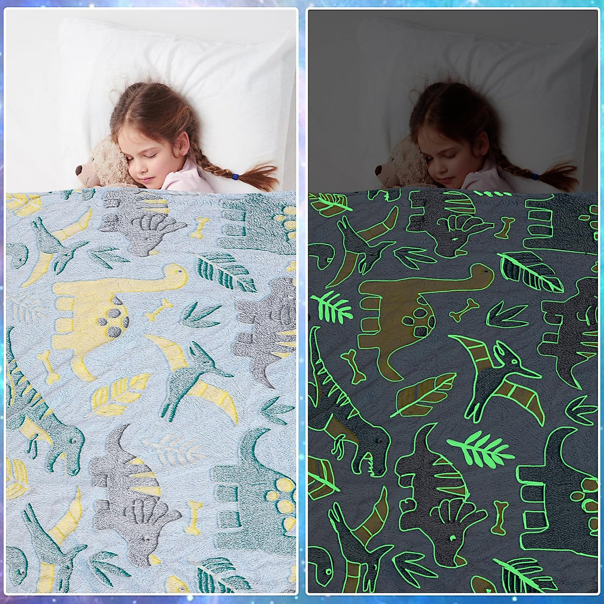 Kirumie Fold Out Kids Sofa Couch, Children 2 in 1 Convertible Sofa to Lounger, Flip Out Sofa Chair with Blanket, Glow in The Dark Dinosaur Theme Toddler Sofa, Sofa Bed Toddler Chairs for Boys Girls