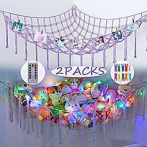 Unicorn Castle Stuffed Animals Hammock Net Toy Storage Organizer with LED Light, 2 Pack Hanging Stuffed Animals Storage Holder Corner Toy Storage for Nursery Kids Room Playroom Bedroom