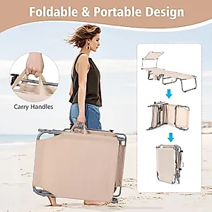 Goplus Tanning Chair, Foldable Beach Lounge Chair with 360°Canopy Sun Shade, Side Pocket, 5-Position Adjustable Outdoor Chaise Lounge Chair for Patio Pool Yard Lawn (1, Beige)